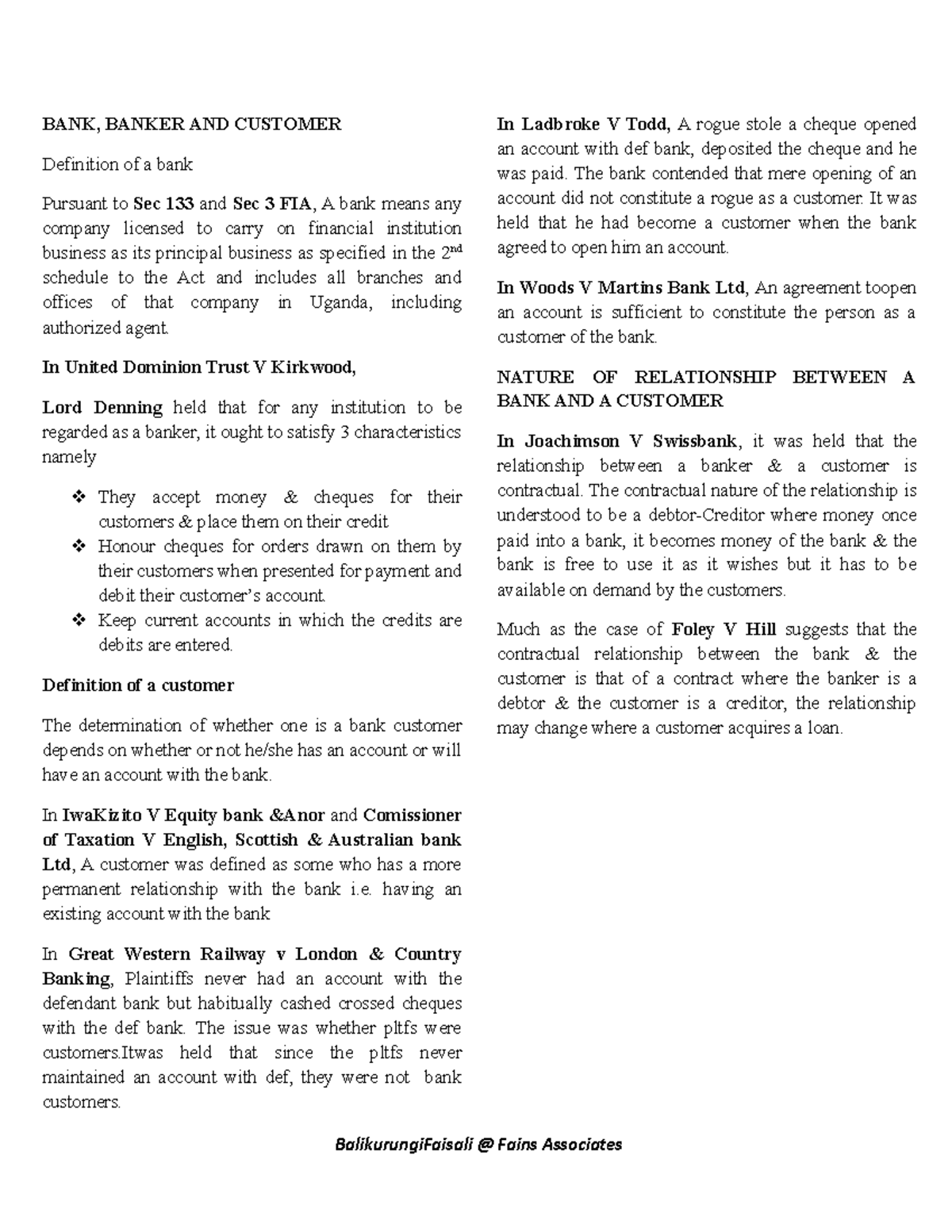 LAW OF Banking notes - BANK, BANKER AND CUSTOMER Definition of a bank ...