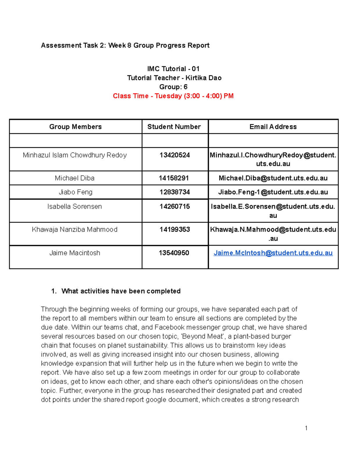 Imc report - r4wqsl - Assessment Task 2: Week 8 Group Progress Report ...