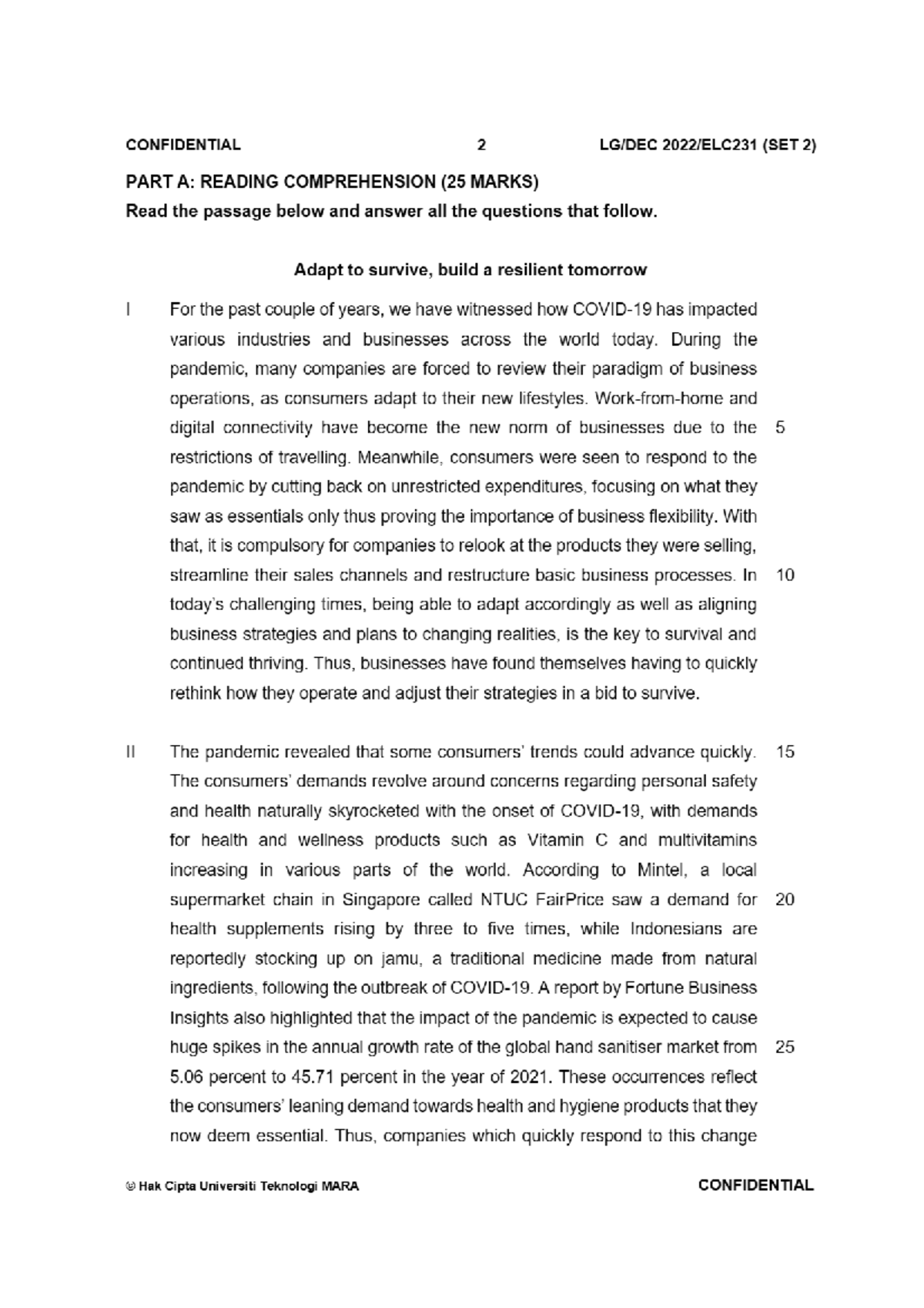 ELC SET 2 - QUESTION FOR READING ELC231 - Integrated Language Skills ...