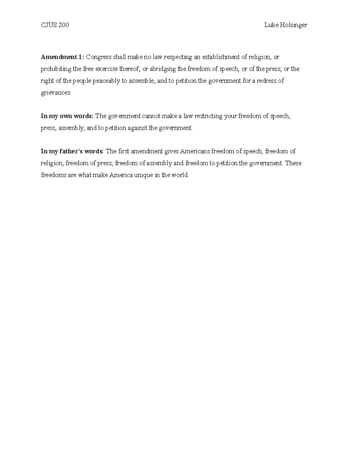 Amendment 1 - assignment - CJUS 200 Luke Holsinger Amendment 1 ...