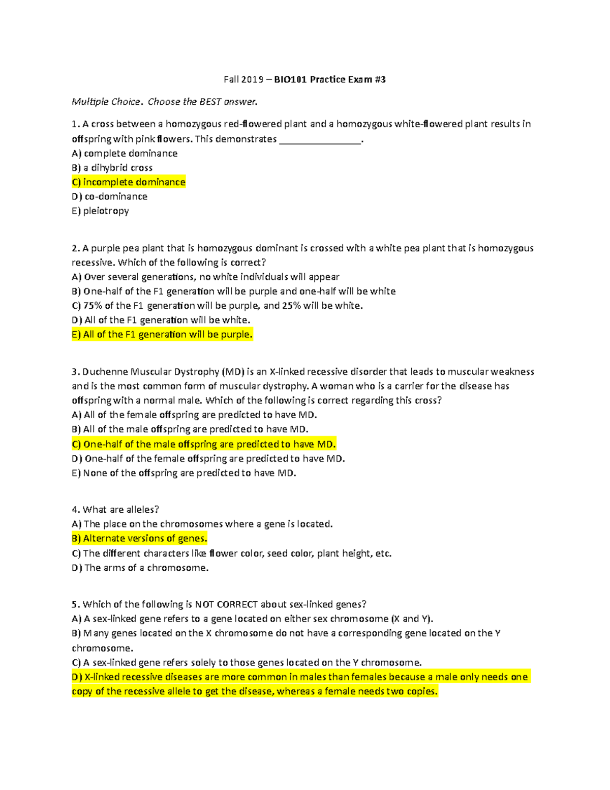 Fall 2019 Practice Exam 3-NEW-KEY - Fall 2019 – BIO101 Practice Exam ...