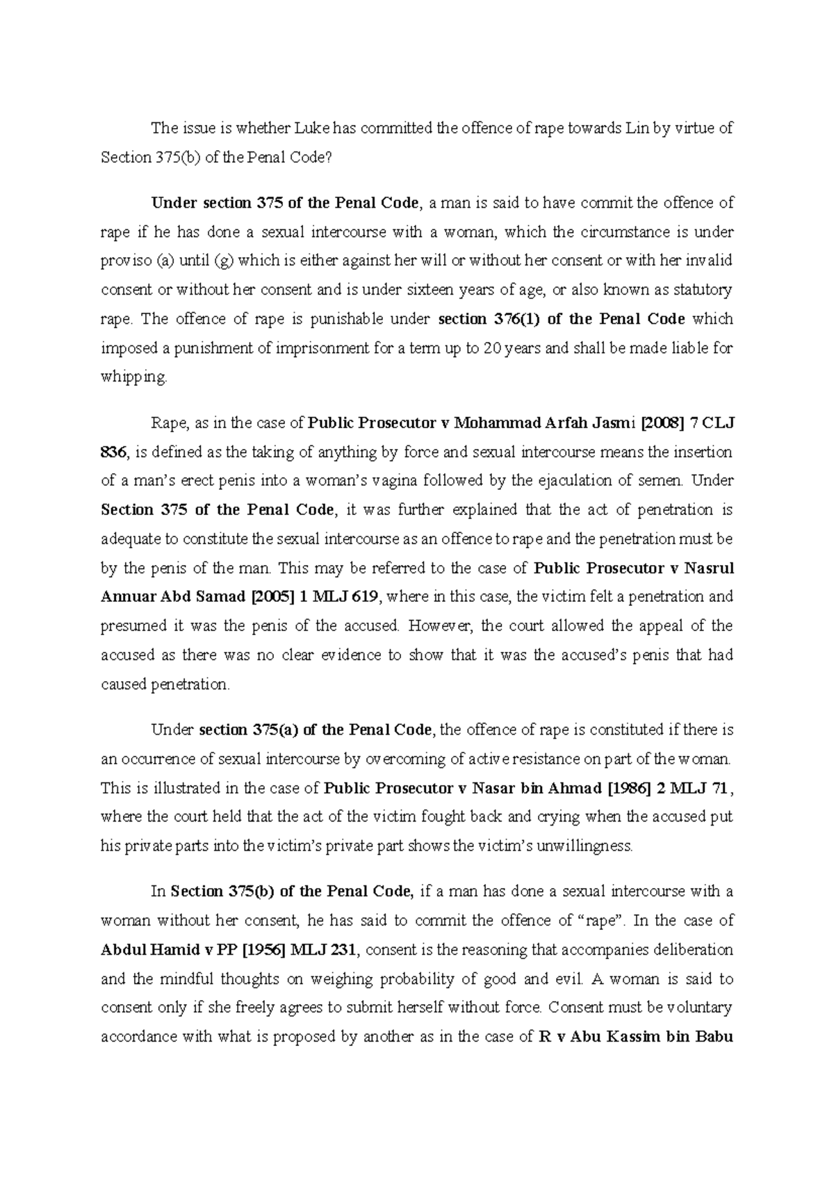 Rape tutorial answer - Criminal Law 2 - UiTM - Studocu