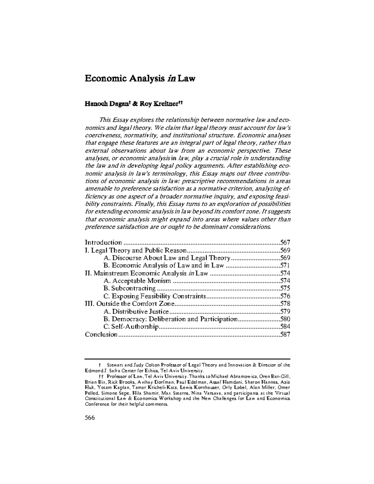Economics of law essay - Economic Analysis in Law Hanoch Dagan † & Roy ...