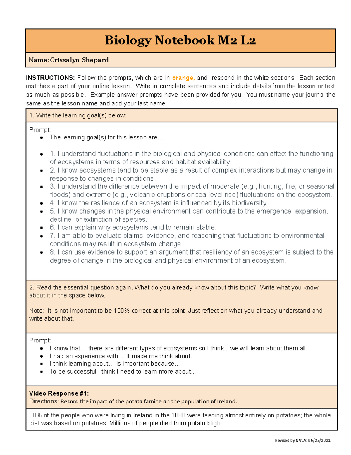 Copy of M2 L2 Notebook - history - Biology Notebook M2 L Name:Crissalyn Shepard INSTRUCTIONS ...