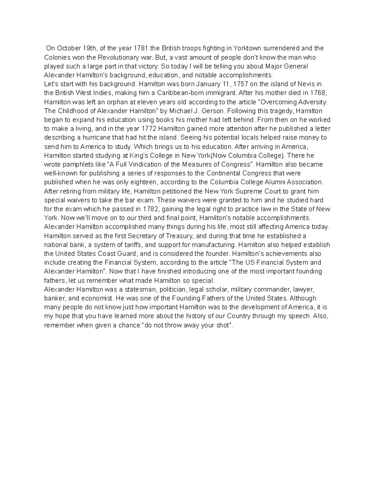 1st Speech - On October 19th, of the year 1781 the British troops ...