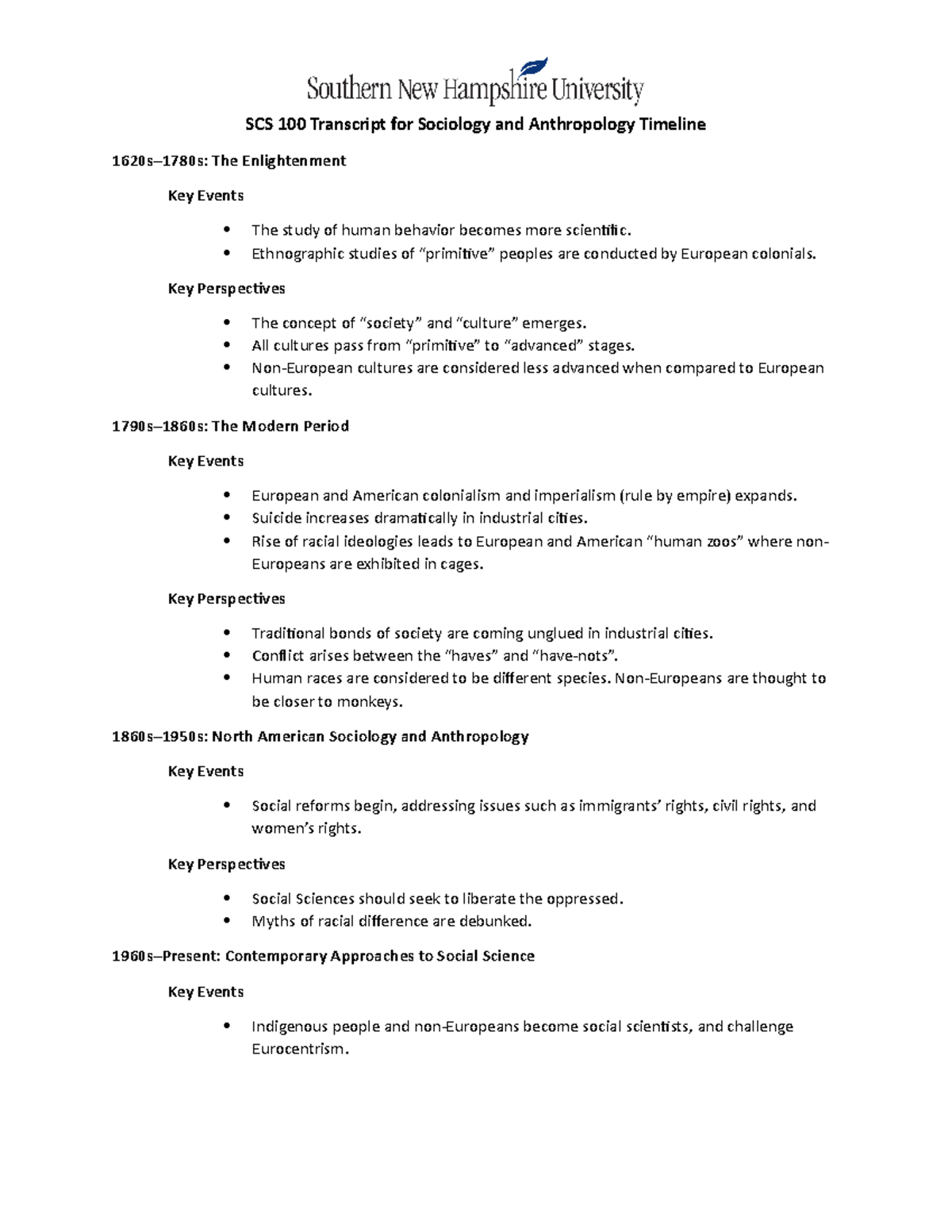 SCS 100 Transcript for Sociology and Anthropology Timeline ...
