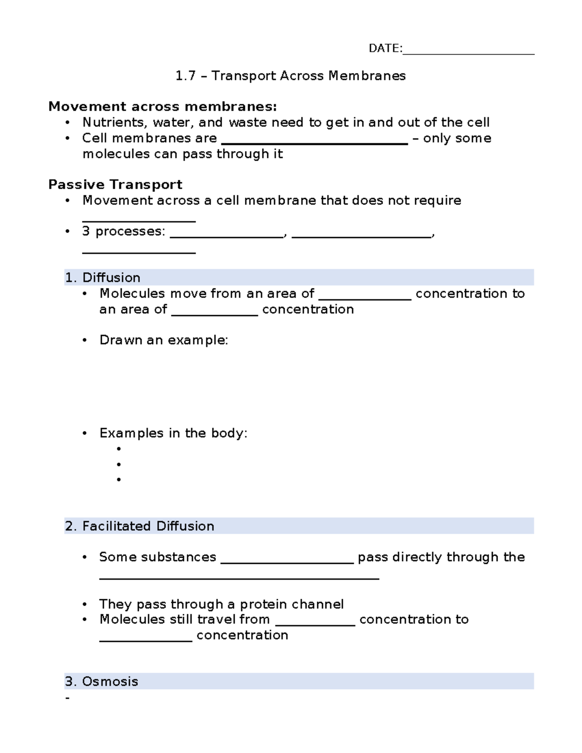 1.7 - Transport Across Membranes - DATE:_______________________ 1 ...
