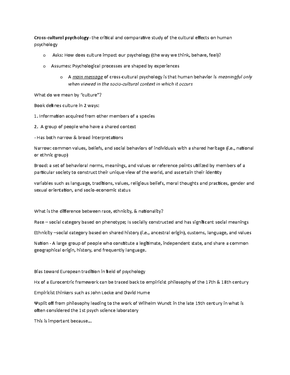 Cross cult notes - Cross-cultural psychology- the critical and ...