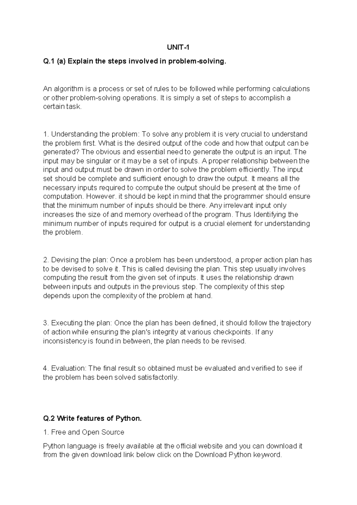 UNIT1 - UNIT- Q (a) Explain the steps involved in problem-solving. An ...