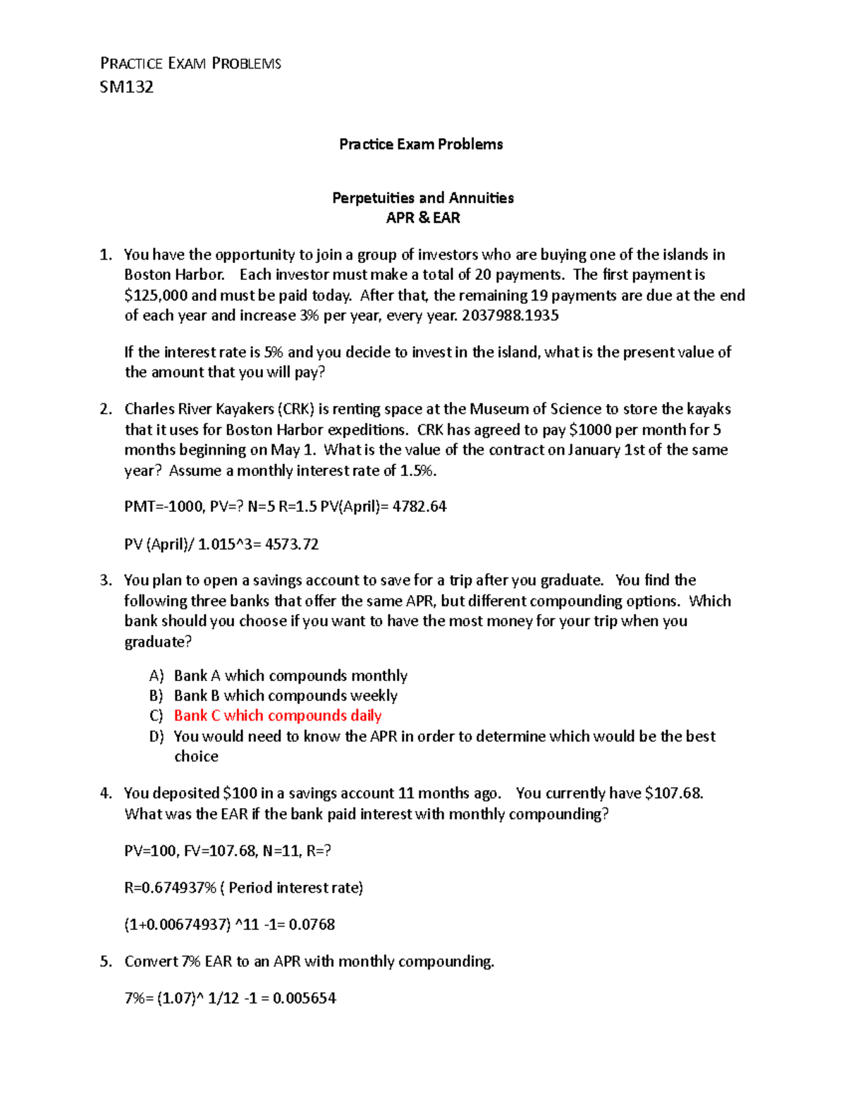Practice Exam Problems 6 - Growing Annuities Perpetuities, APR EAR - SM ...