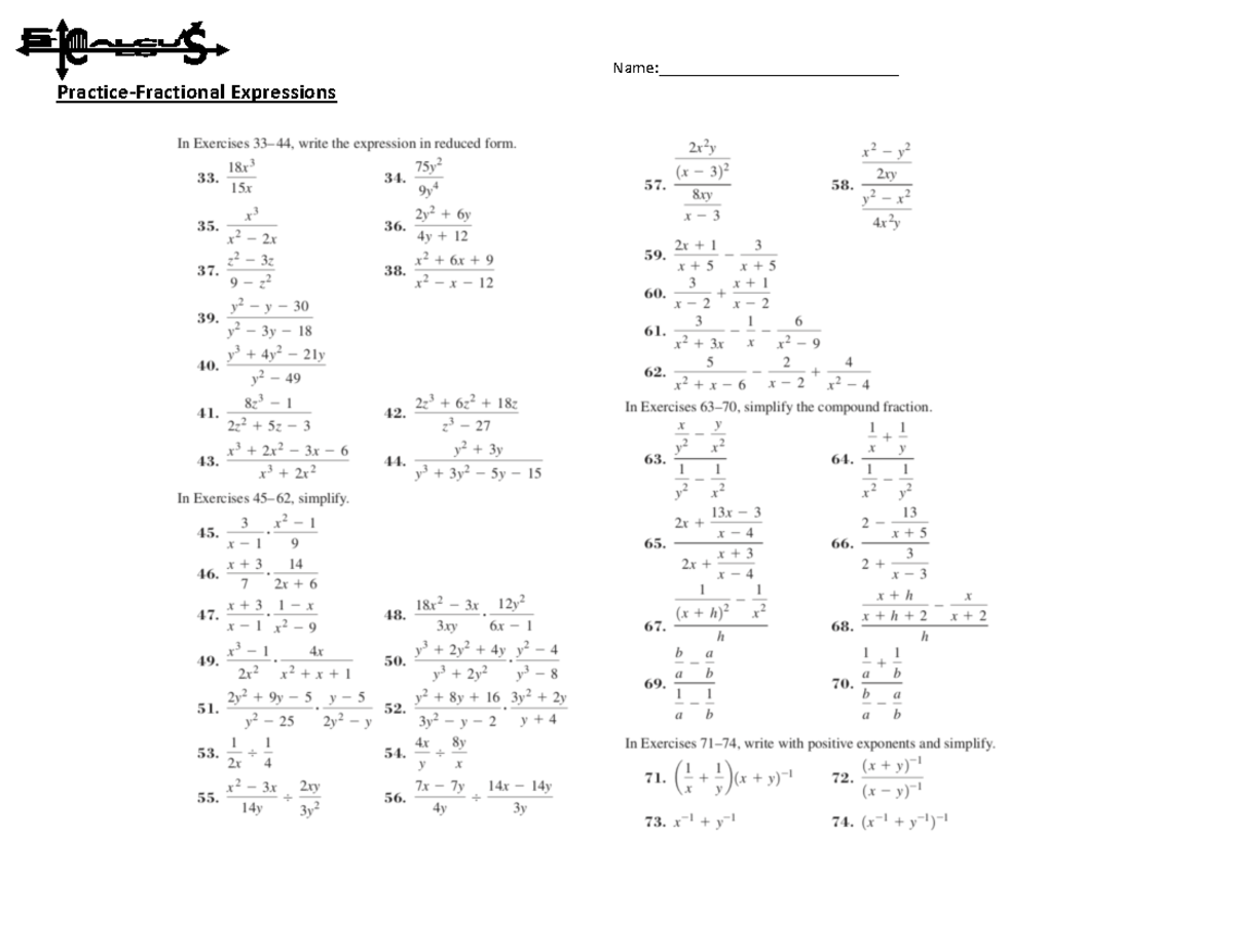 Practice-Fractional Expressions - 2x2y x2-y2 33 75y2 57. 58 58. 35. 35. ...