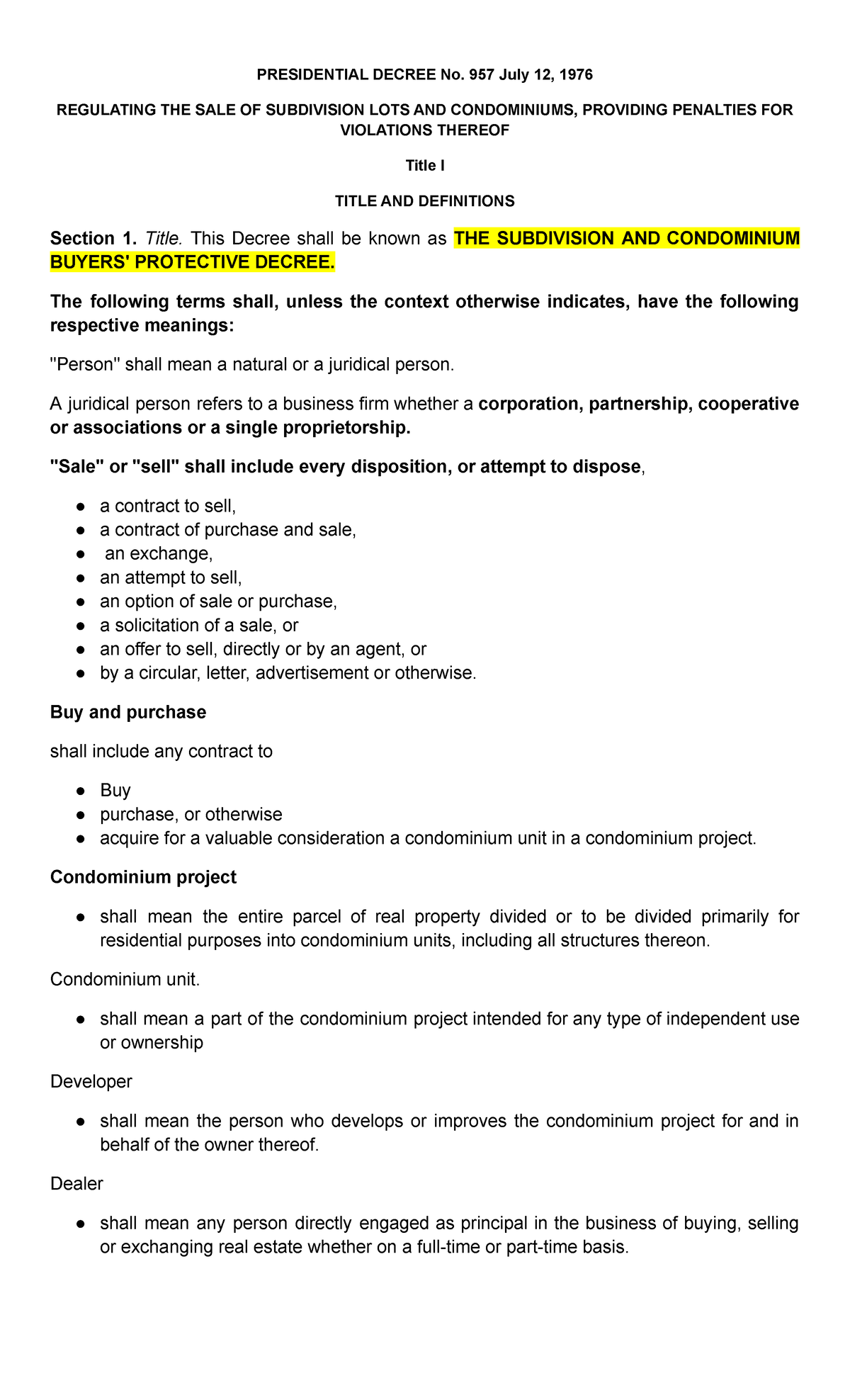 REM 321 PD 957 - REAL ESTATE REVIEW - PRESIDENTIAL DECREE No. 957 July ...