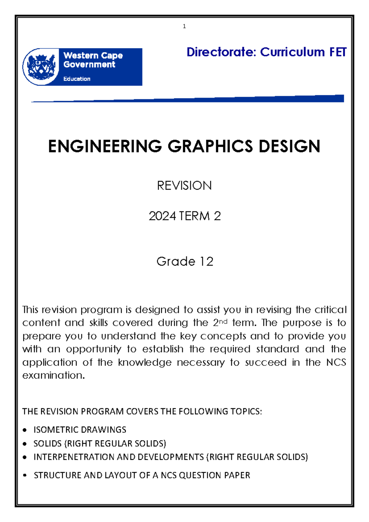 GR 12 Revision Engineering Graphics Design TERM 2 2024 2 - Directorate: Curriculum FET ...