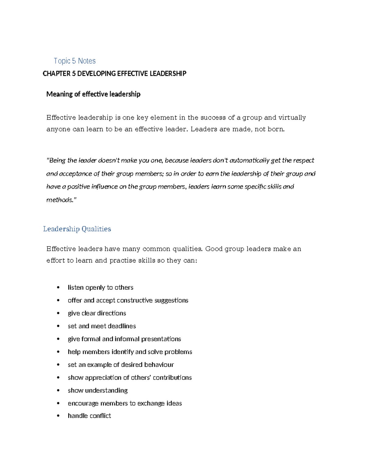 Topic 5 Notes Developing effective leadership - Topic 5 Notes CHAPTER 5 ...
