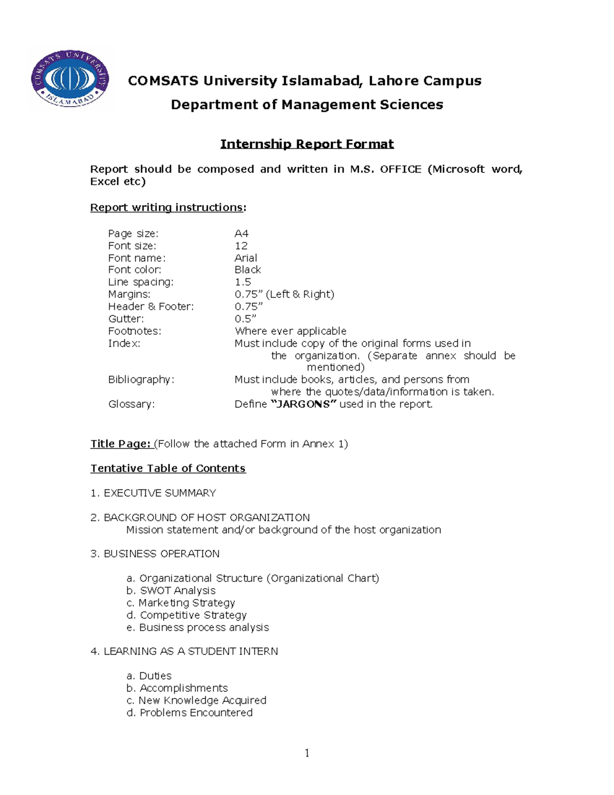 Internship Report Format - COMSATS University Islamabad, Lahore Campus ...