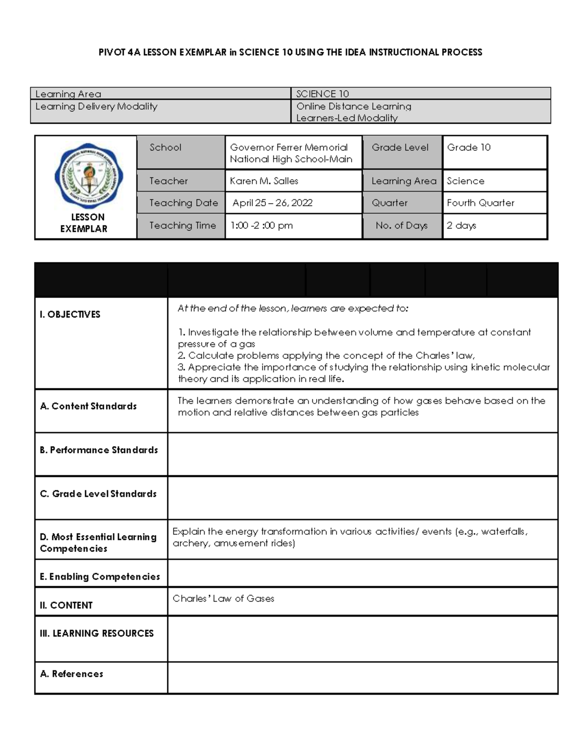 G10 LE MELC-21B Q4 Charles'S LAW OF Gases - PIVOT 4A LESSON EXEMPLAR in ...