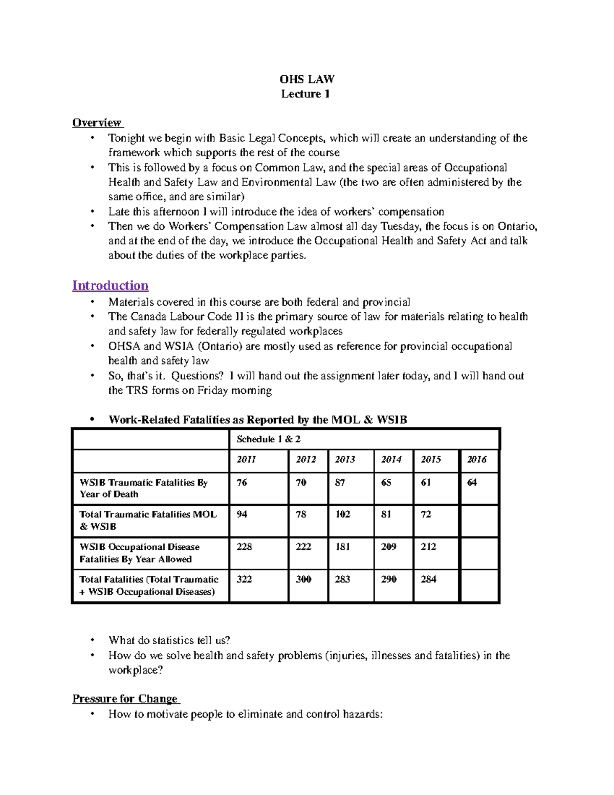 OHS LEcture 1 morning - OHS LAW Lecture 1 Overview - Tonight we begin ...
