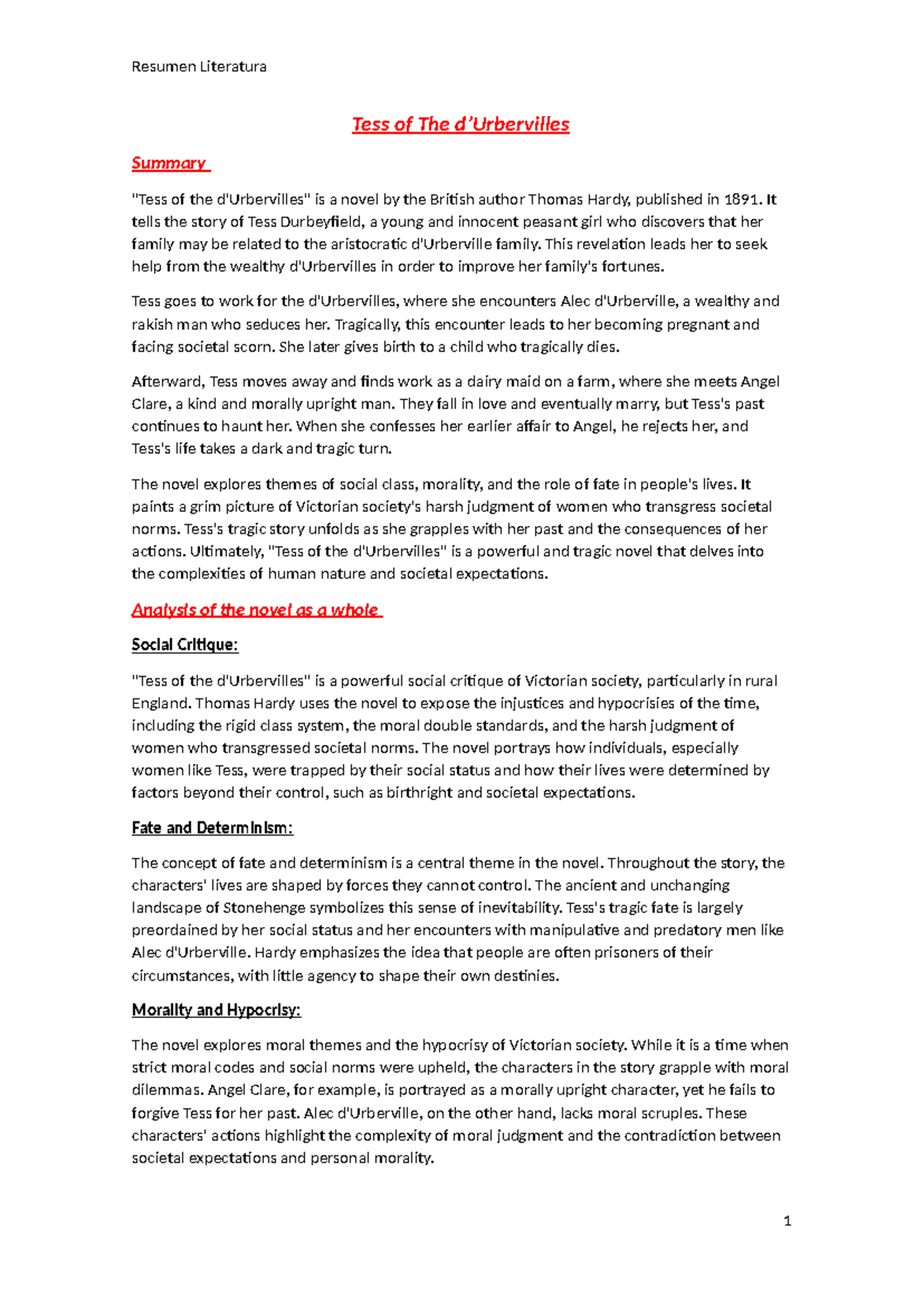 Tess of The d'Urbervilles Resumen y analisis - Tess of The d ...