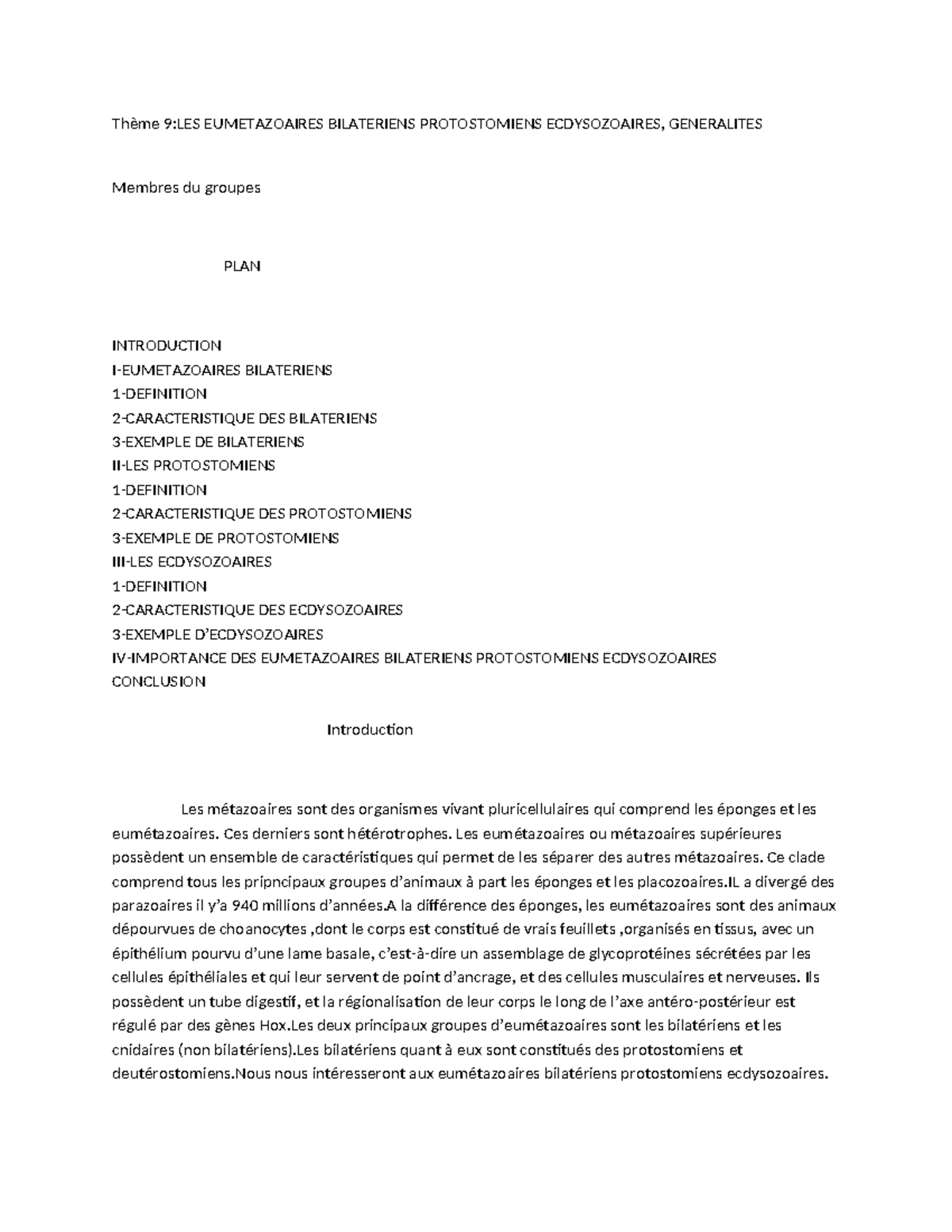 Thème 9 LES EUM-WPS Office - Thème 9:LES EUMETAZOAIRES BILATERIENS ...