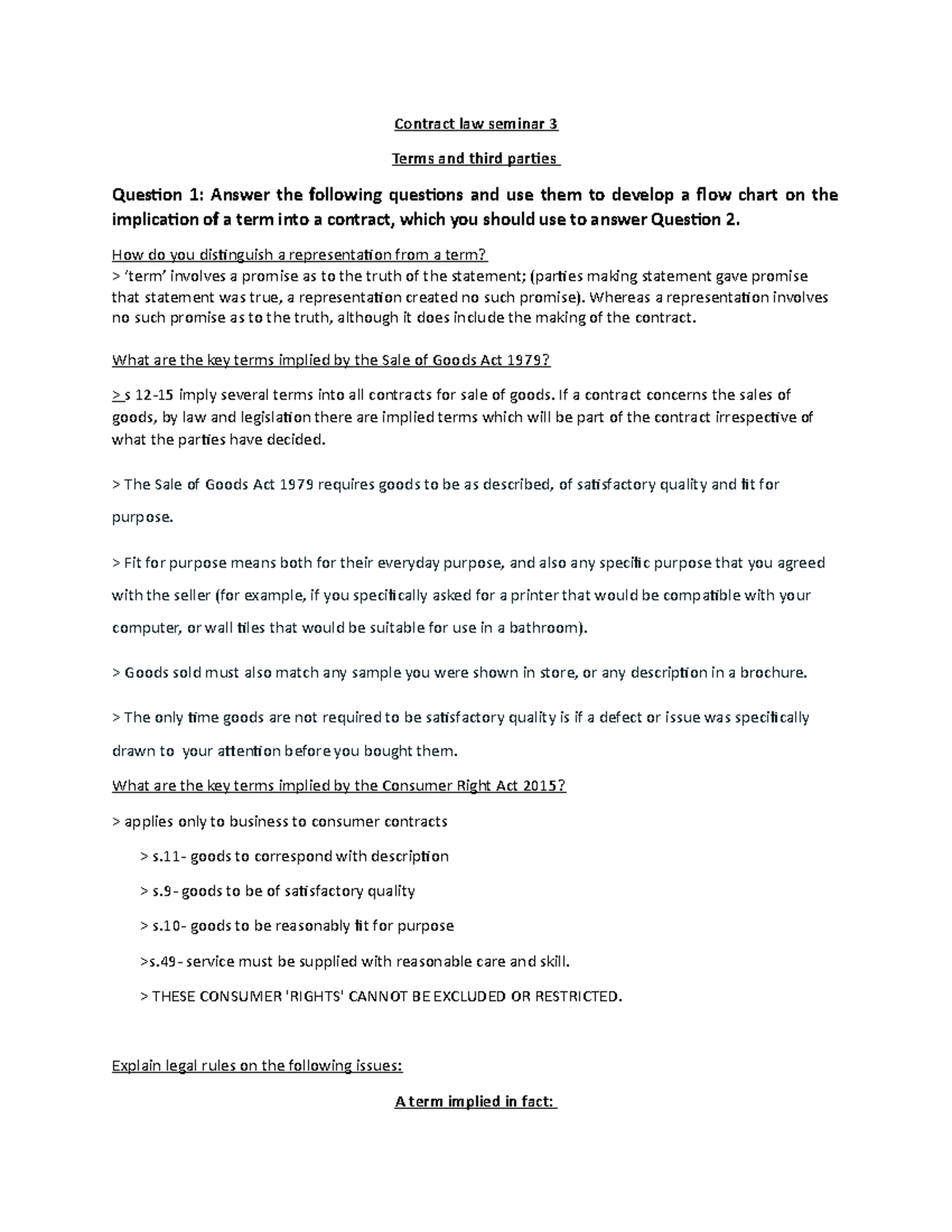 Contract LAW Seminar - Contract law seminar 3 Terms and third paries ...