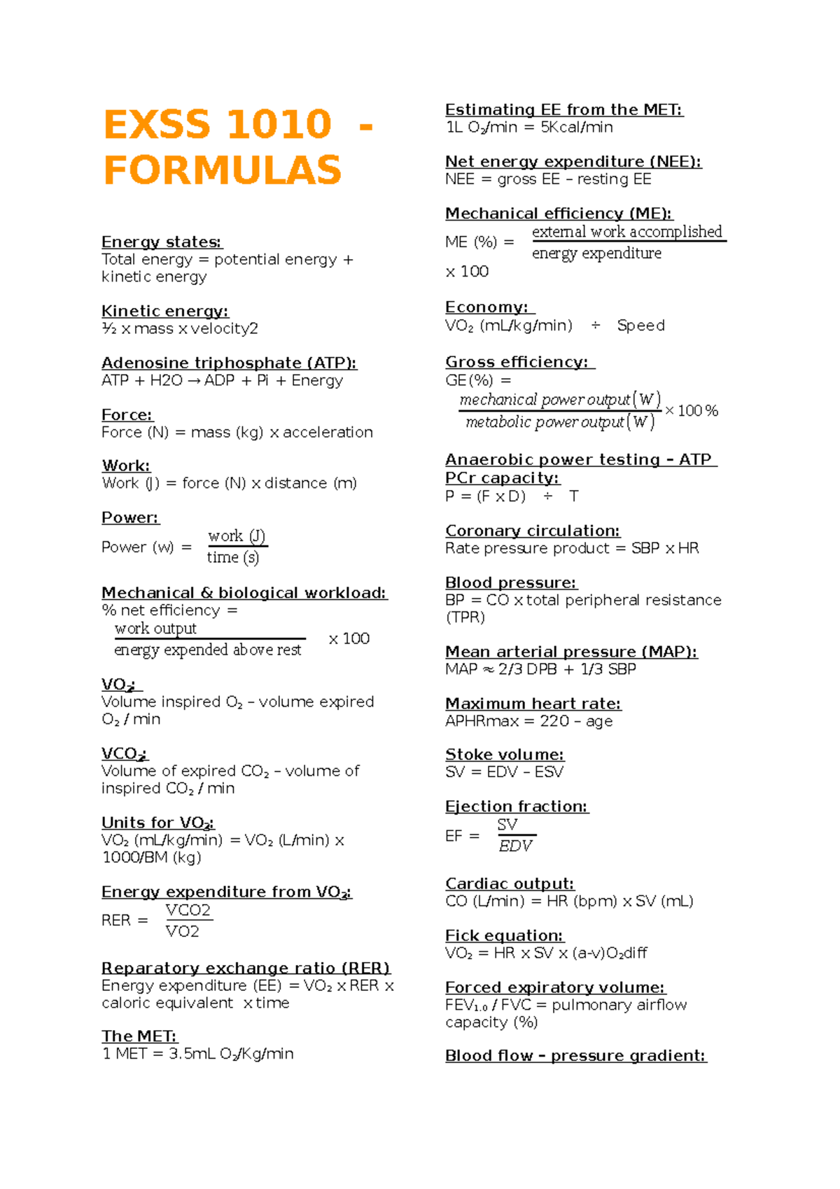 EXSS 1010- Formulas - list of equations used in EXSS 1010 - EXSS 1010 ...