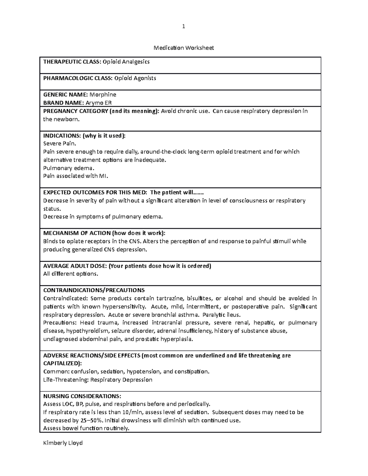 Opiod med card - medication worksheets care plan - Medication Worksheet ...