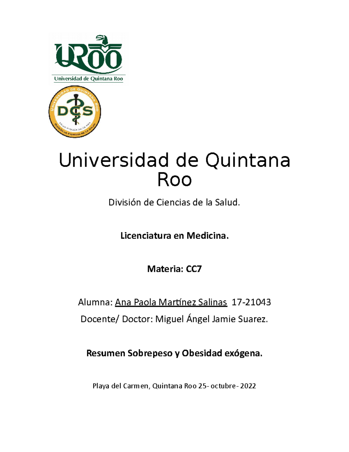 Sobrepeso y obesidad exogena - Universidad de Quintana Roo División de ...