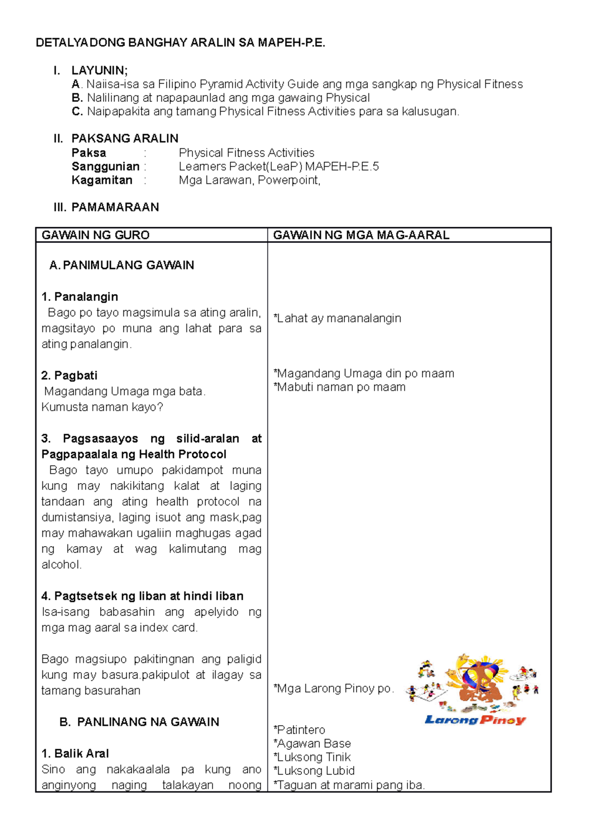 Mapeh - DETALYADONG BANGHAY ARALIN SA MAPEH-P. I. LAYUNIN; A. Naiisa ...