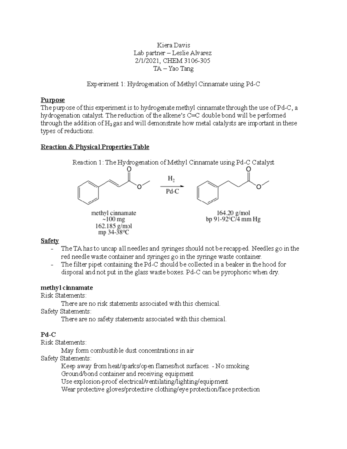 Organic Chemistry CHEM 3106-305 Lab Report 1 - Kiera Davis Lab partner ...