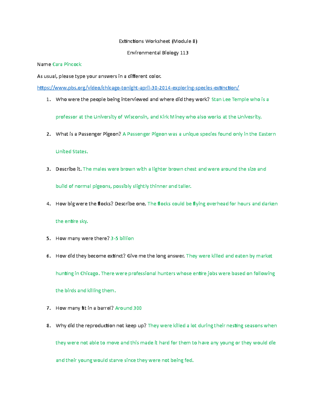 Extinctions Worksheet Module 8 - - Studocu