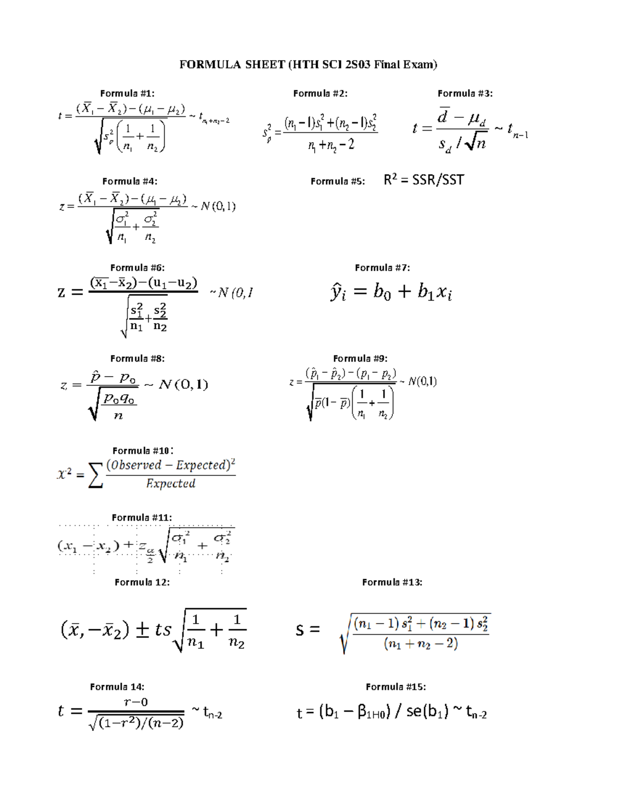 Formula Sheet - FORMULA SHEET (HTH SCI 2S03 Final Exam) Formula #1 ...