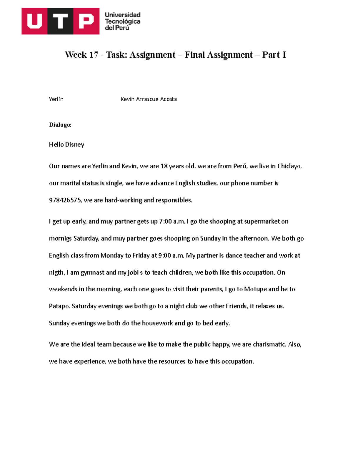 Kevin - WEEK 17 - Inglés - Week 17 - Task: Assignment – Final Assignment – Part I Yerlin Kevin ...