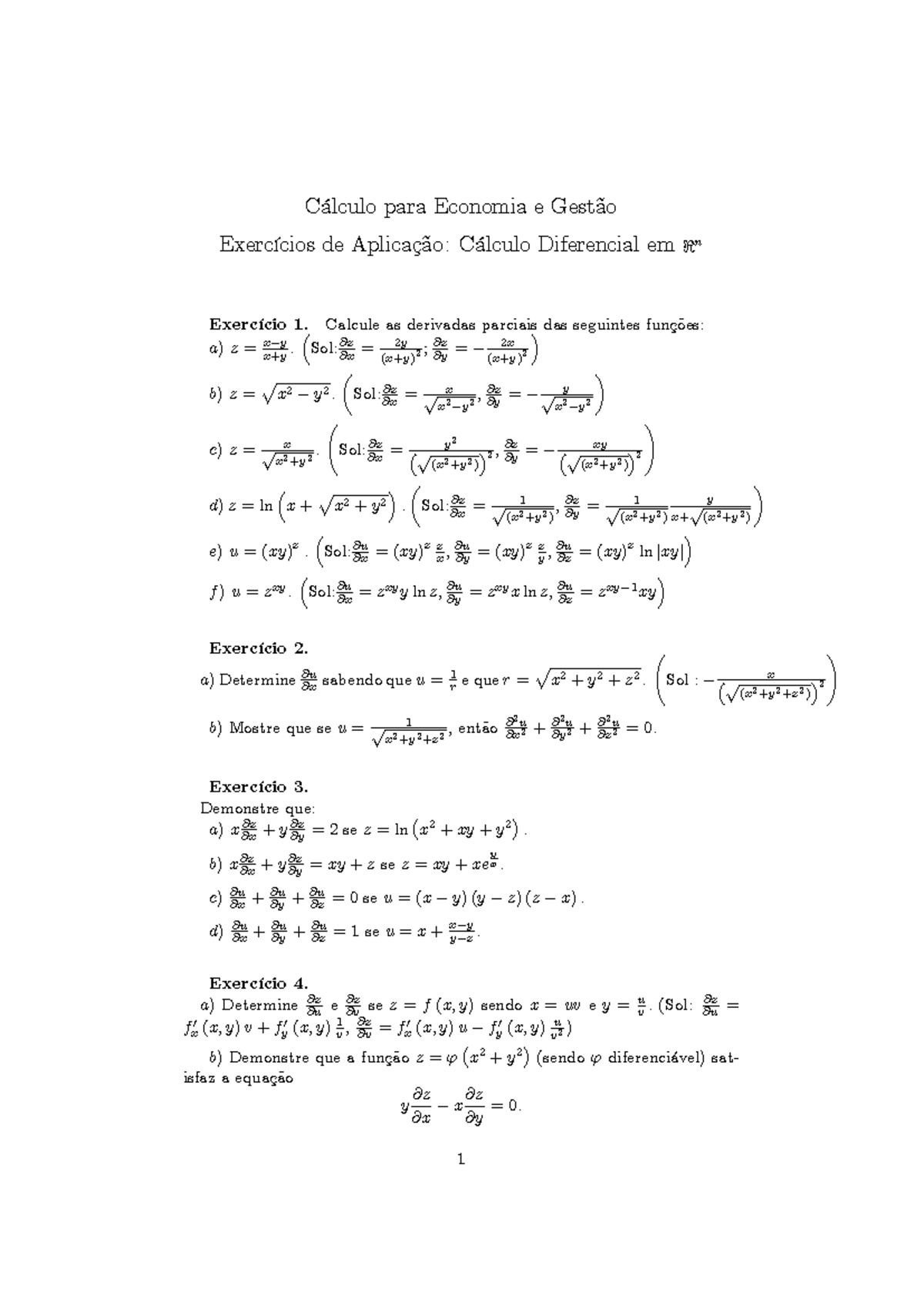 Ficha Exercícios CDRn - C·lculo para Economia e Gest„o ExercÌcios de AplicaÁ„o: C·lculo ...
