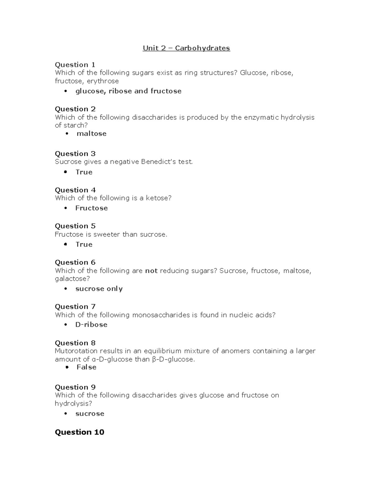Unit 2 Carbohydrates Quiz 3 - Unit 2 – Carbohydrates Question 1 Which ...