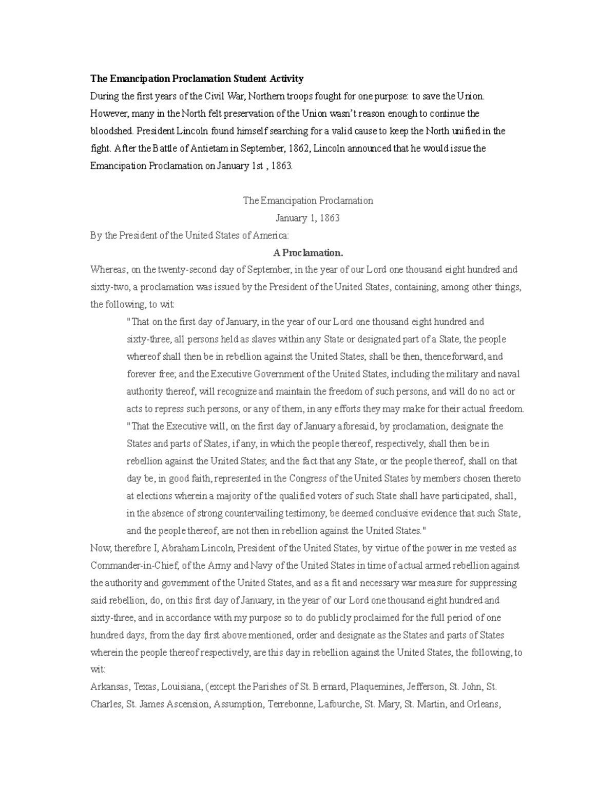 Unit 6 Classwork 2 (Emancipation) - The Emancipation Proclamation ...