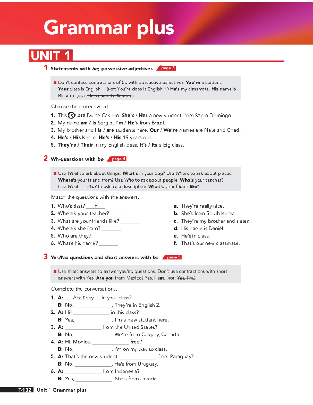 Int 1 - 5th ed Grammar Plus Unit 1 - Grammar plus 1 Statements with be ; possessive adjectives ...