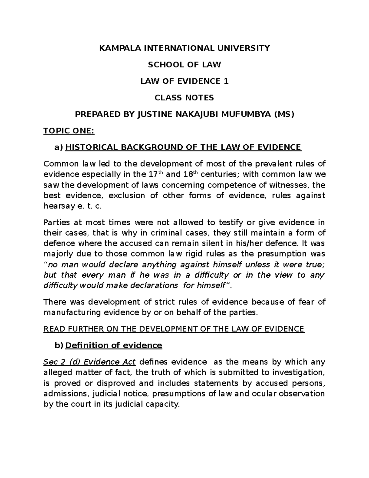 Evidence lecture notes topic 1 and 2 - KAMPALA INTERNATIONAL UNIVERSITY ...