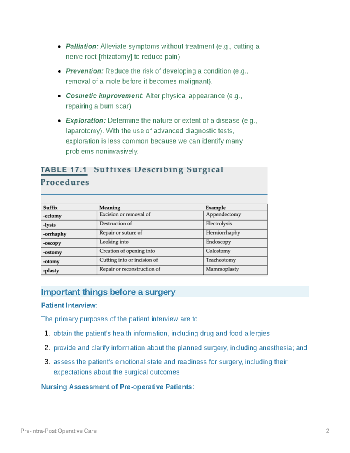 Pre-Intra-Post Operative Care Notes - Palliation: Alleviate symptoms ...
