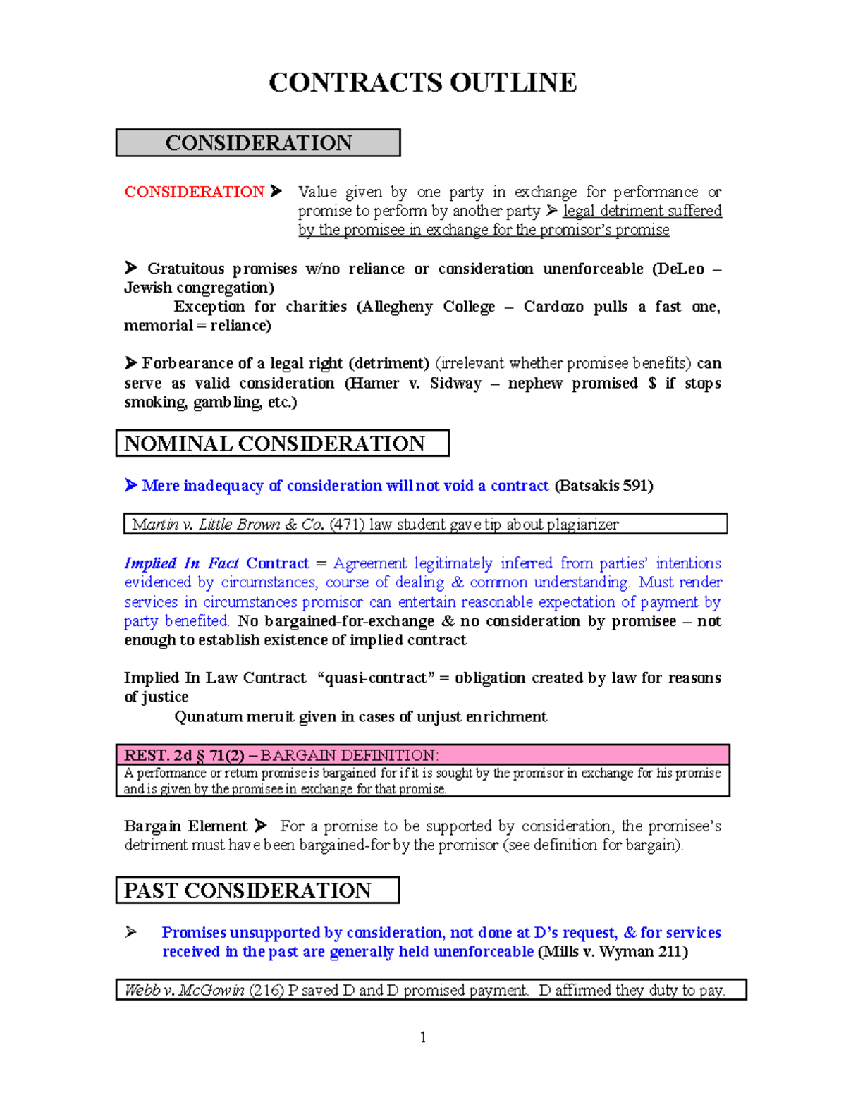 Contracts-Outline - CONTRACTS OUTLINE CONSIDERATION CONSIDERATION Value given by one party in ...