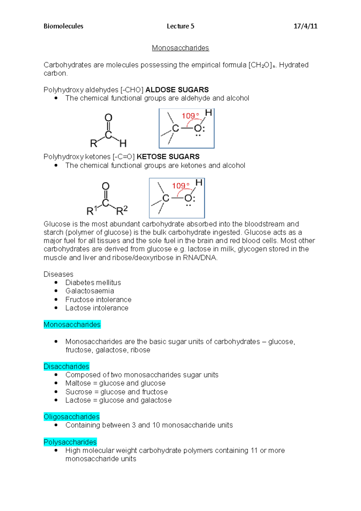 Monosaccharides - Lecture notes 11 - Biomolecules Lecture 5 17/4/11 ...