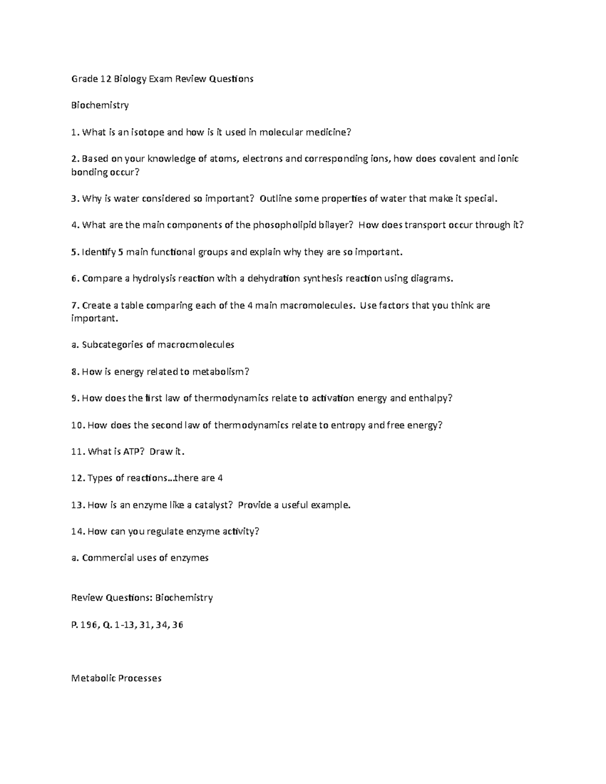 SBI4U - Final Exam Review - Grade 12 Biology Exam Review Questions ...