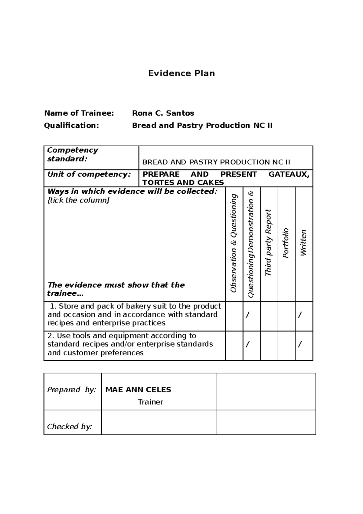SANTOS PTS911 Evidence Plan - Evidence Plan Name of Trainee: Rona C ...