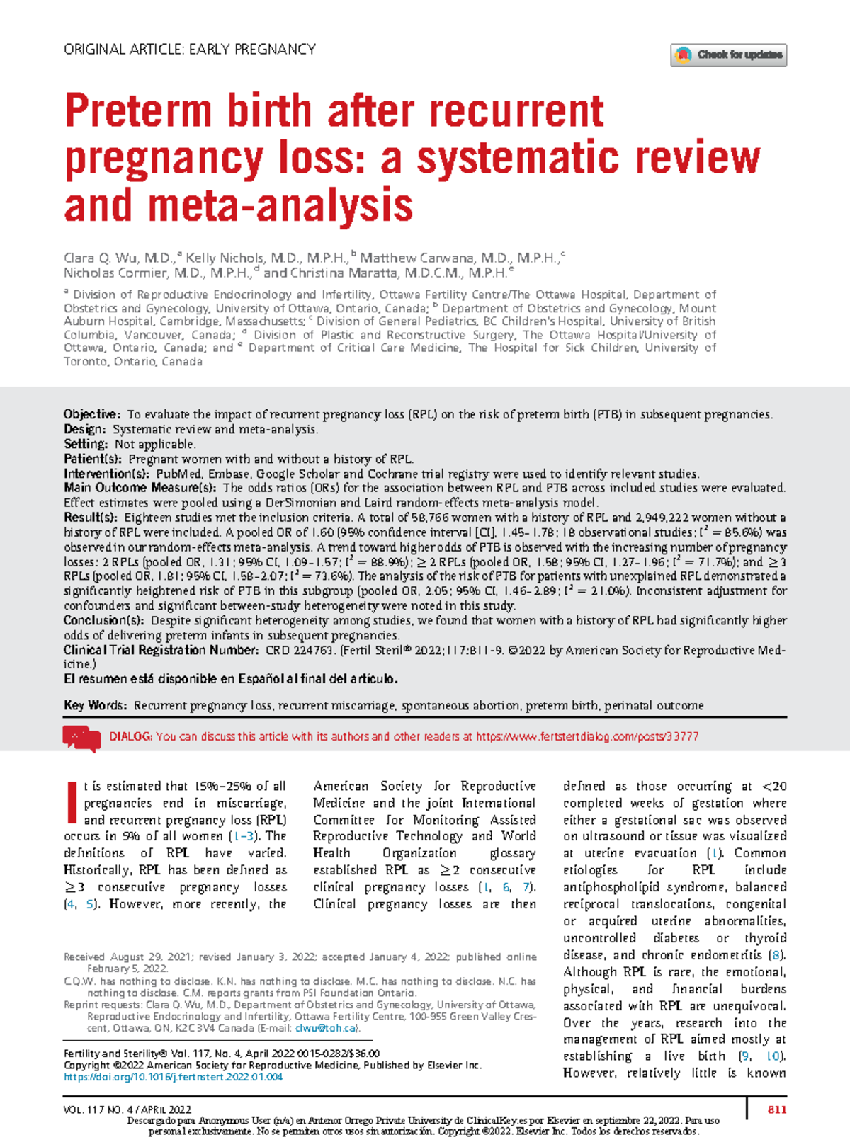 Aborto recurrente articulo - Preterm birth after recurrent pregnancy loss: a systematic review ...