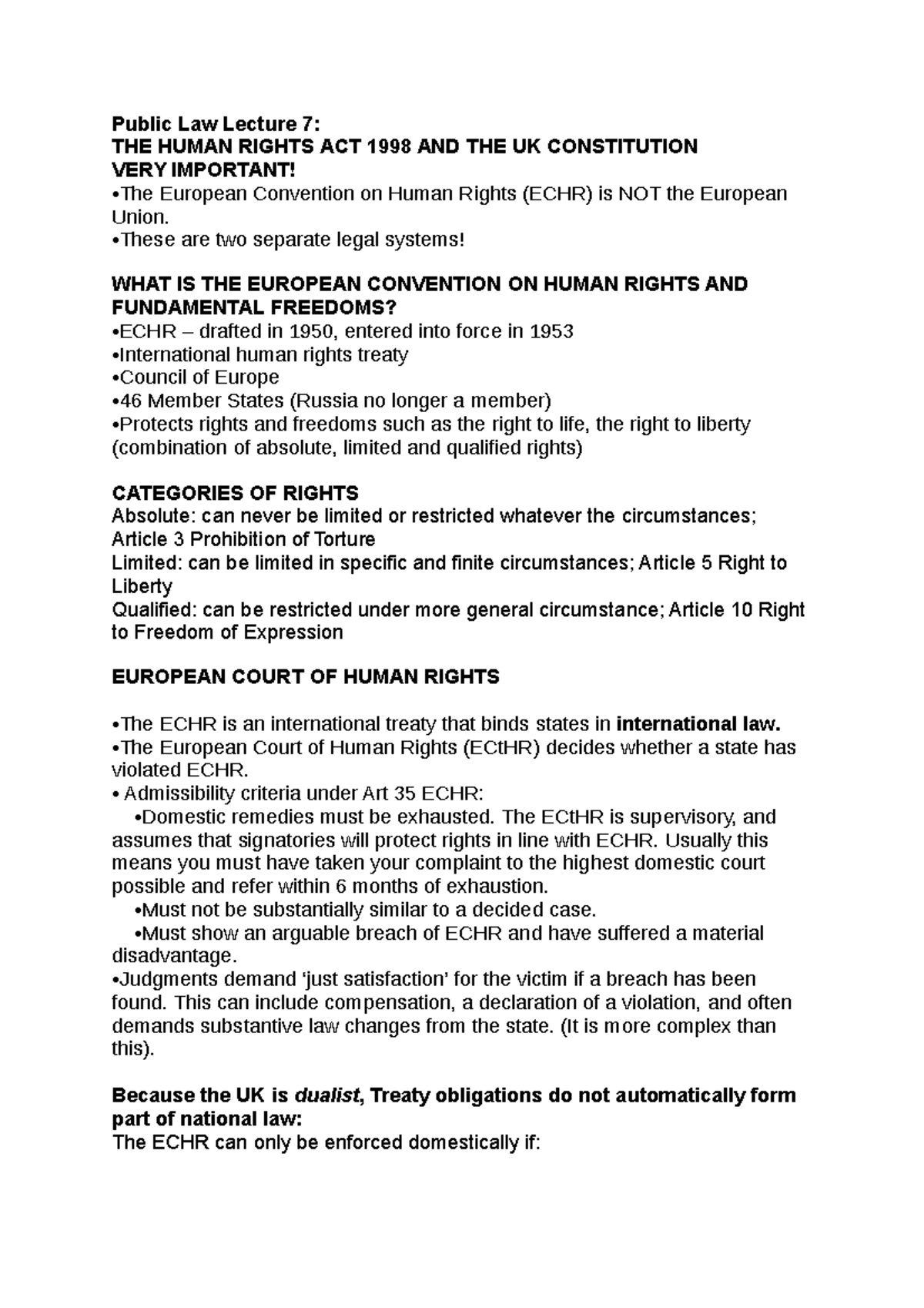 Lecture 7 The Human Rights Act 1988 and the UK constitution - Public ...
