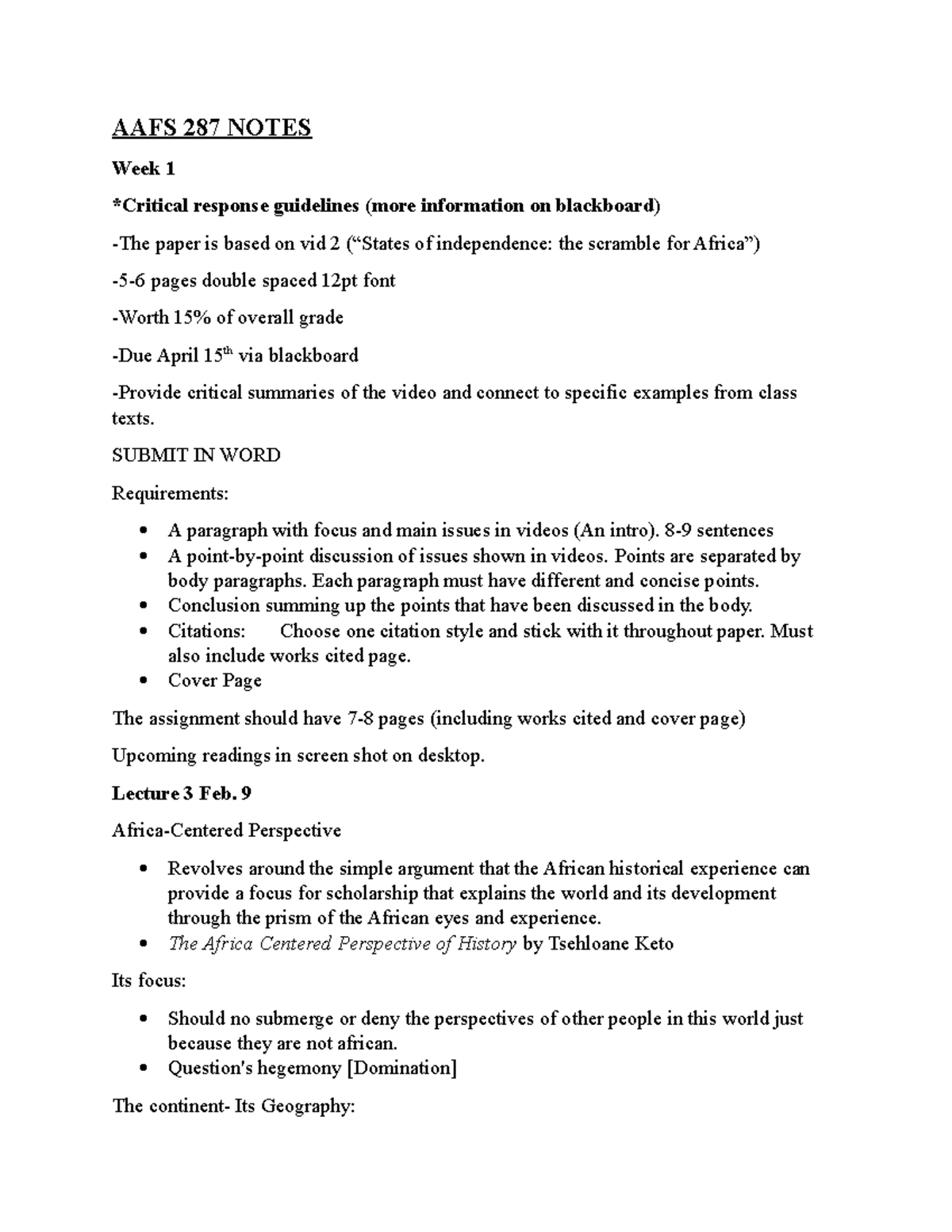 AAFS 287 Africa in the Modern World - AAFS 287 NOTES Week 1 *Critical ...