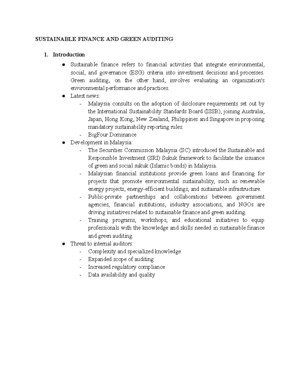 Outline Sustainable finance & green audit AUD697 - SUSTAINABLE FINANCE ...