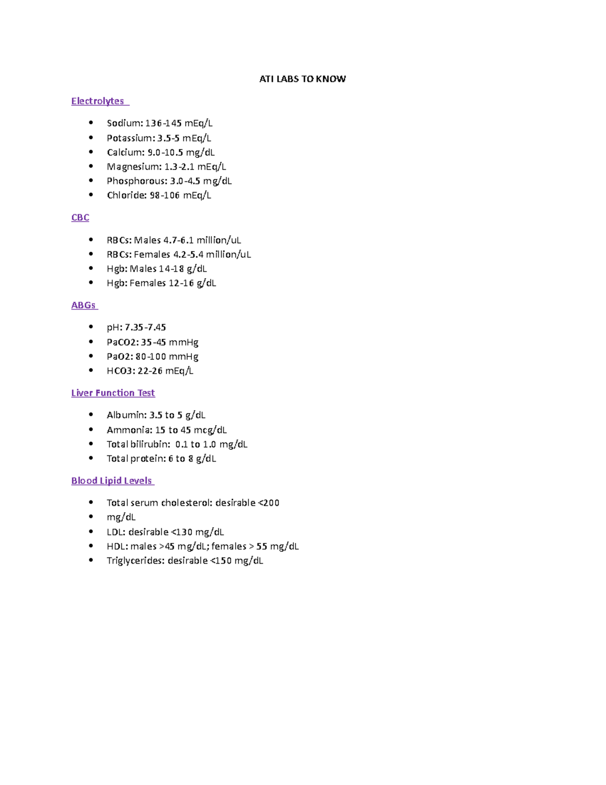 ATI LABS TO KNOW - Notes from chapters learned in this module to help ...