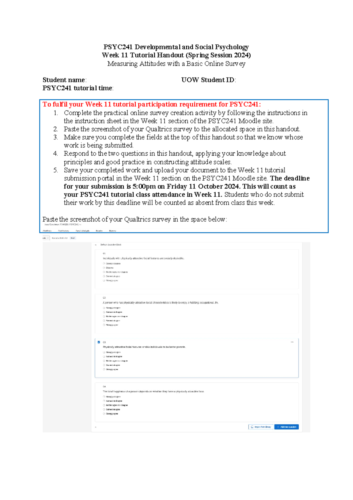 2024 PSYC241 Week 11 Tutorial Handout - PSYC241 Developmental and Social Psychology Week 11 ...