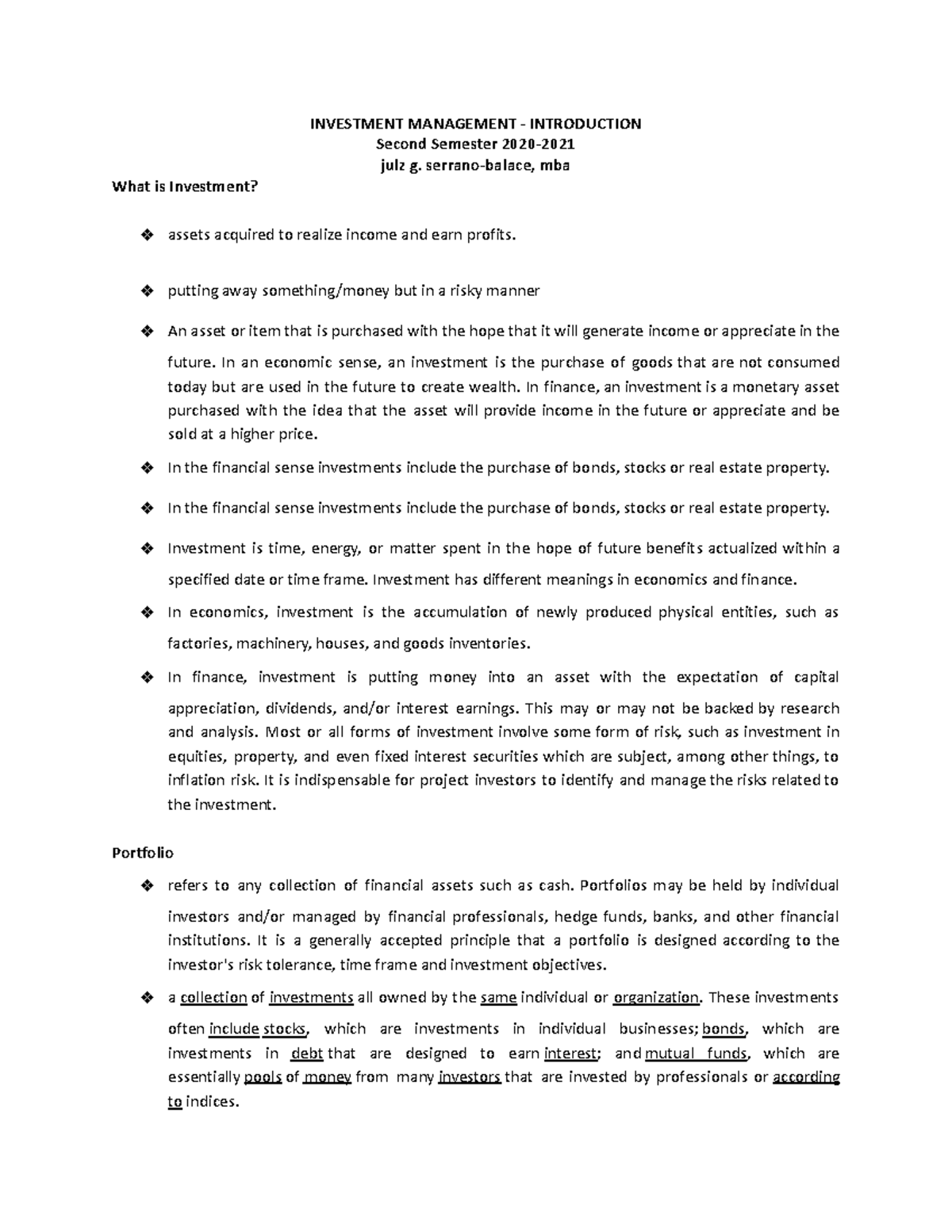 Investment Management Lecture/Handout - INVESTMENT MANAGEMENT ...