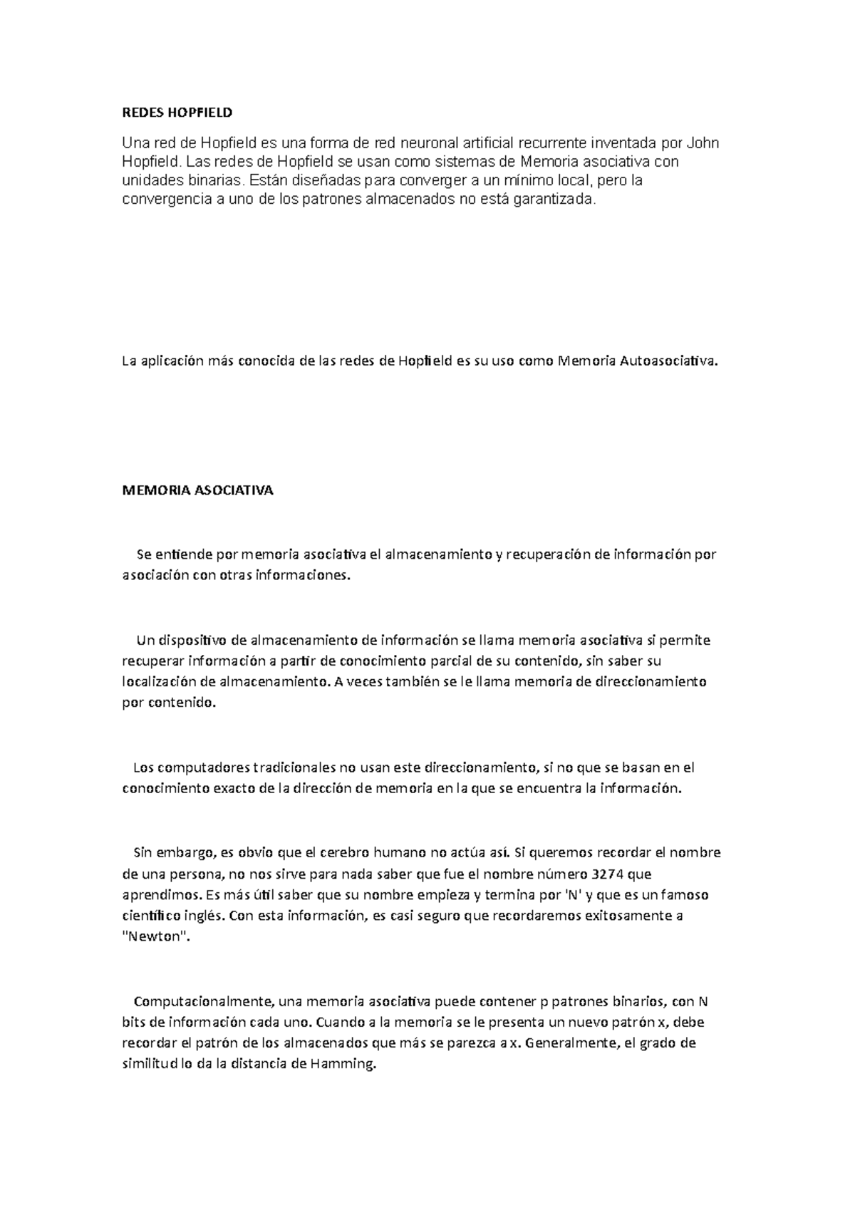 Redes Hopfield - resumen del temas - REDES HOPFIELD Una red de Hopfield ...